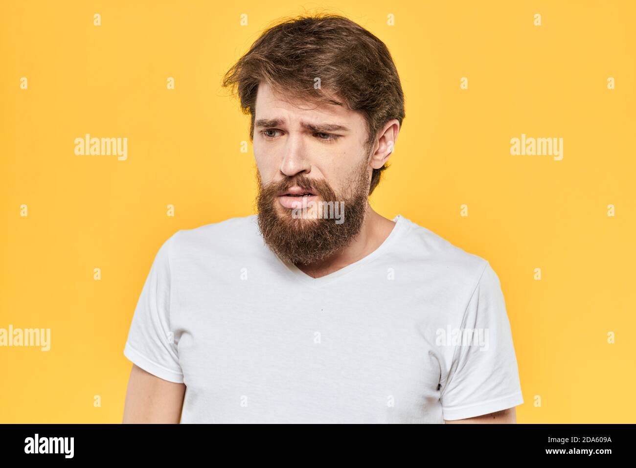 Bearded man emotions gestures with hands facial expression white t ...