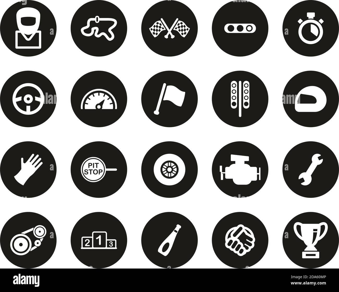 Racing Icons White On Black Flat Design Circle Set Big Stock Vector ...