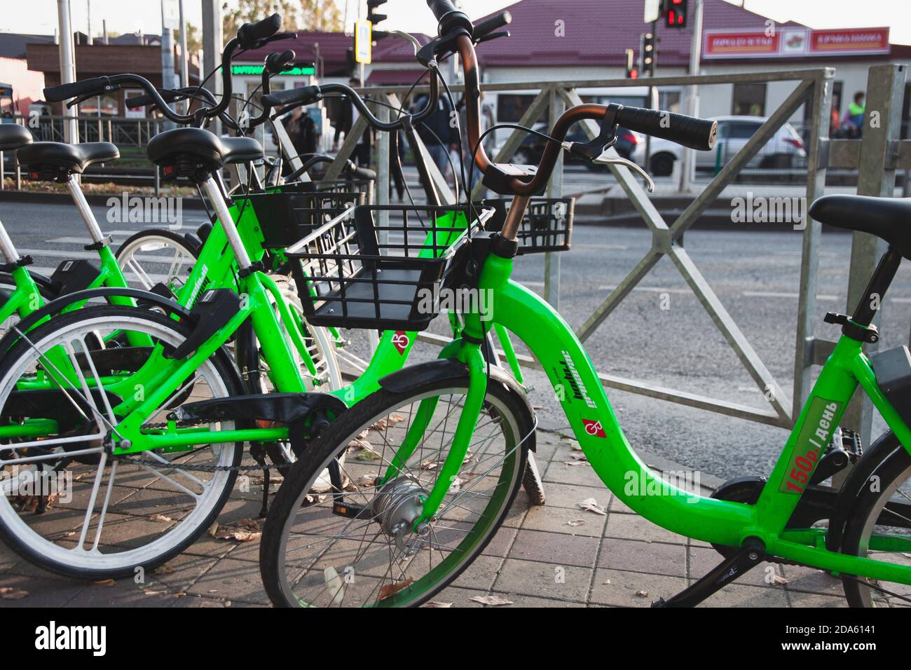 Public bicycles, sharing bikes available for rent on city streets Stock ...