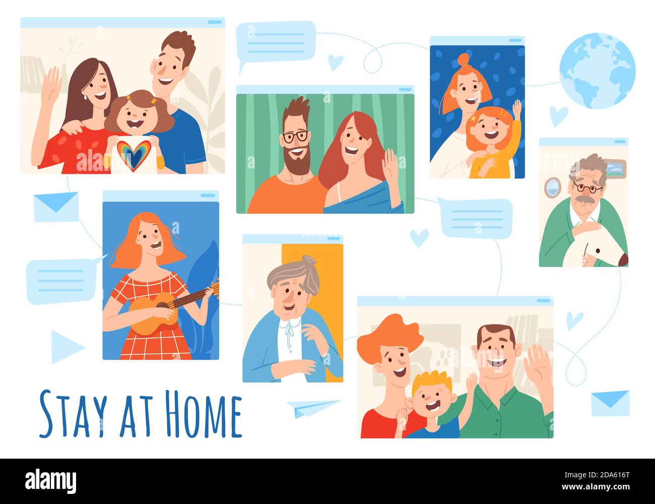 Home isolation stay at home vector illustration with different people ...