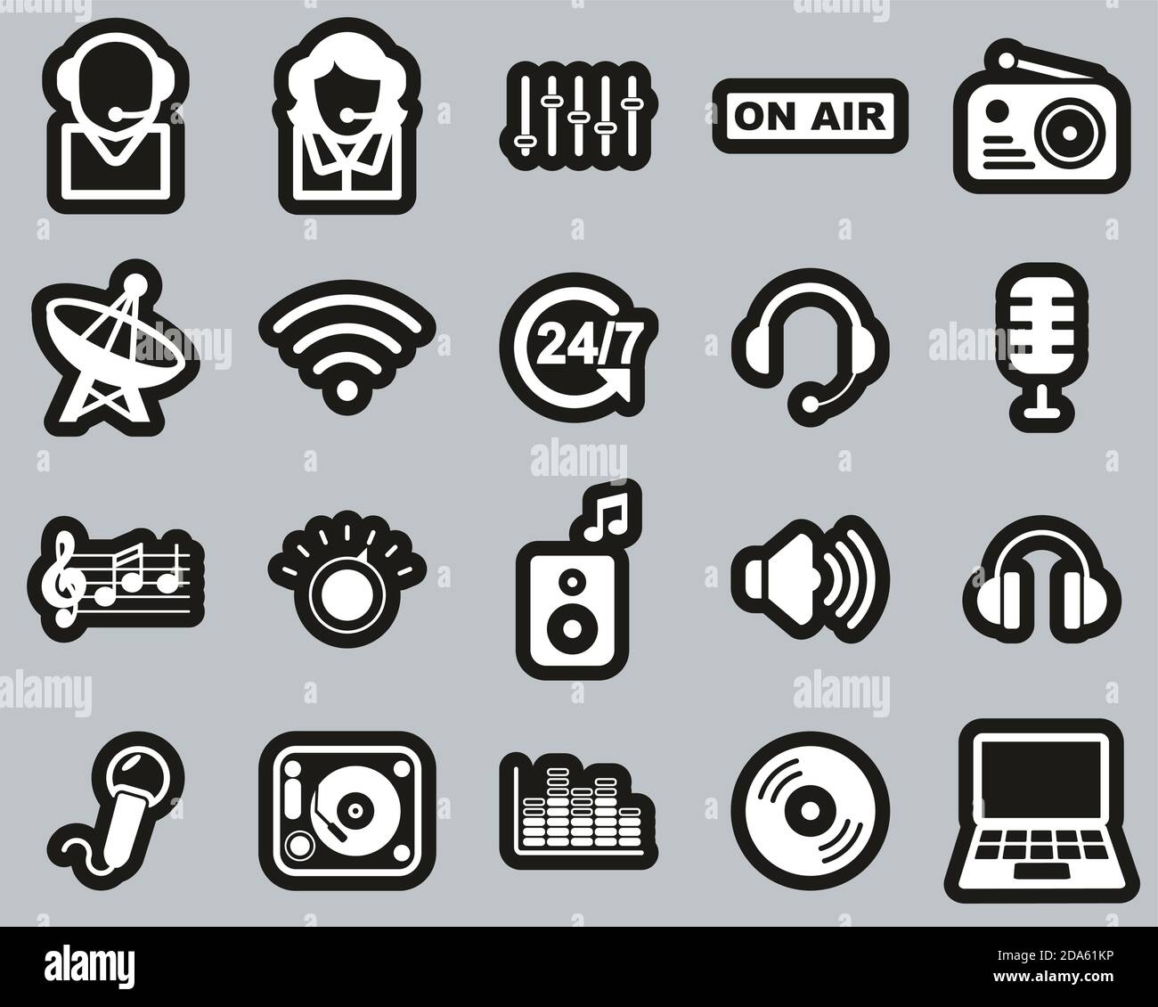 Radio Station & Radio Equipment Icons White On Black Sticker Set Big ...