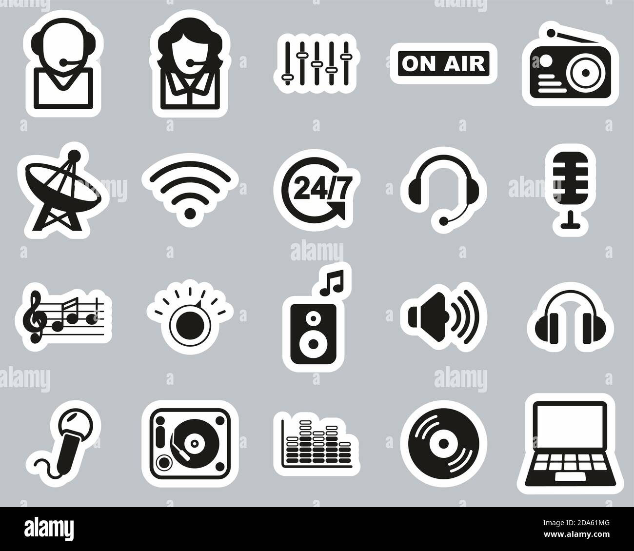 Radio Station & Radio Equipment Icons Black & White Sticker Set Big ...