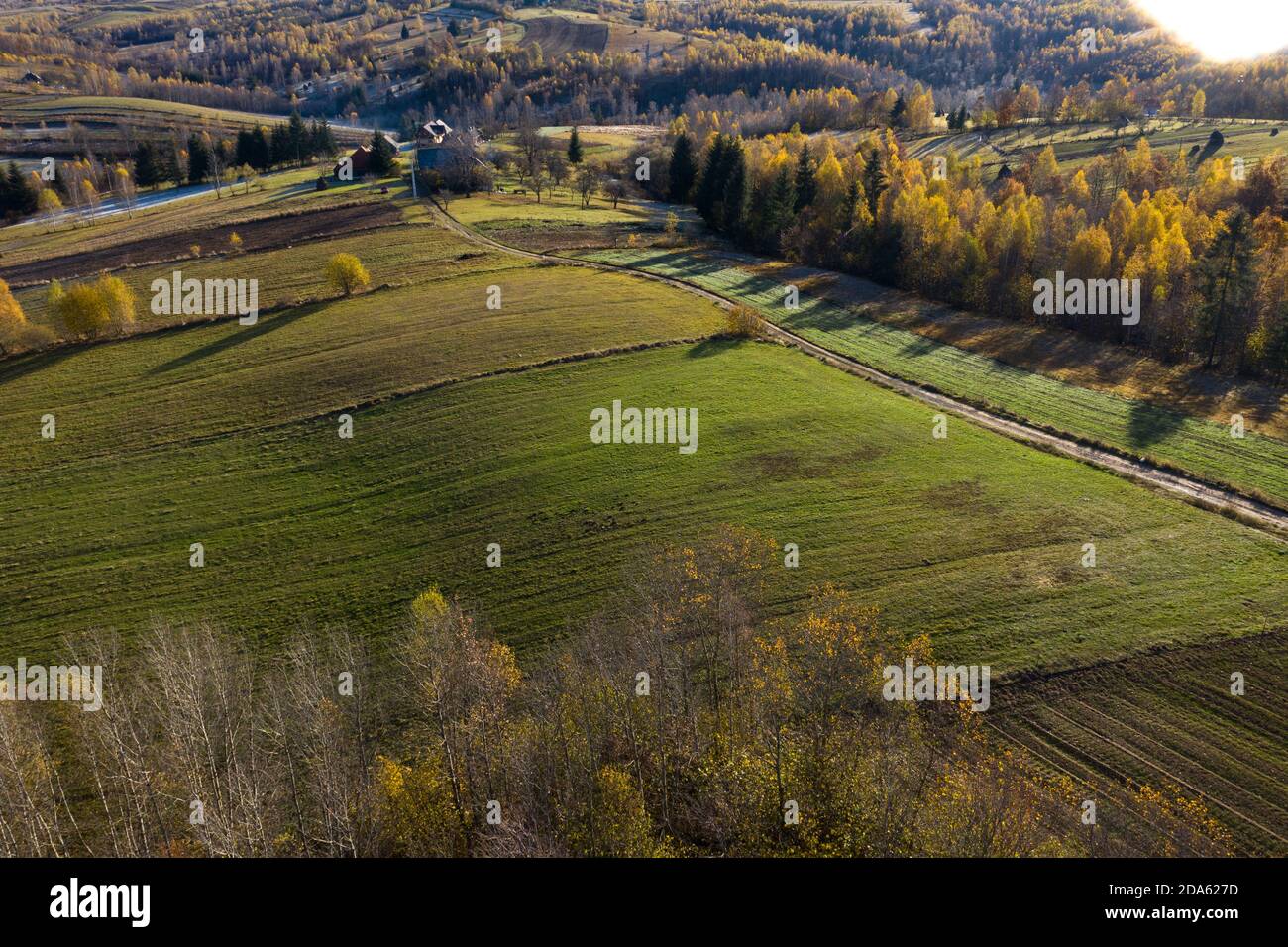 Aerial view of autumn mountain countryside farm by drone Stock Photo ...