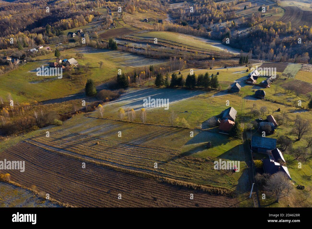 Aerial view of autumn mountain countryside farm by drone Stock Photo ...