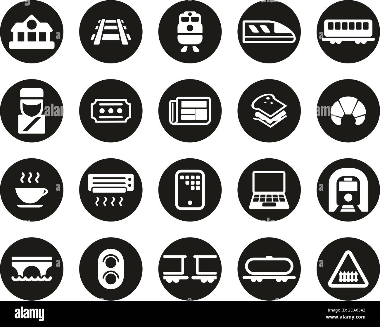 Railroad Travel & Cargo Transportation Icons White On Black Flat Design ...