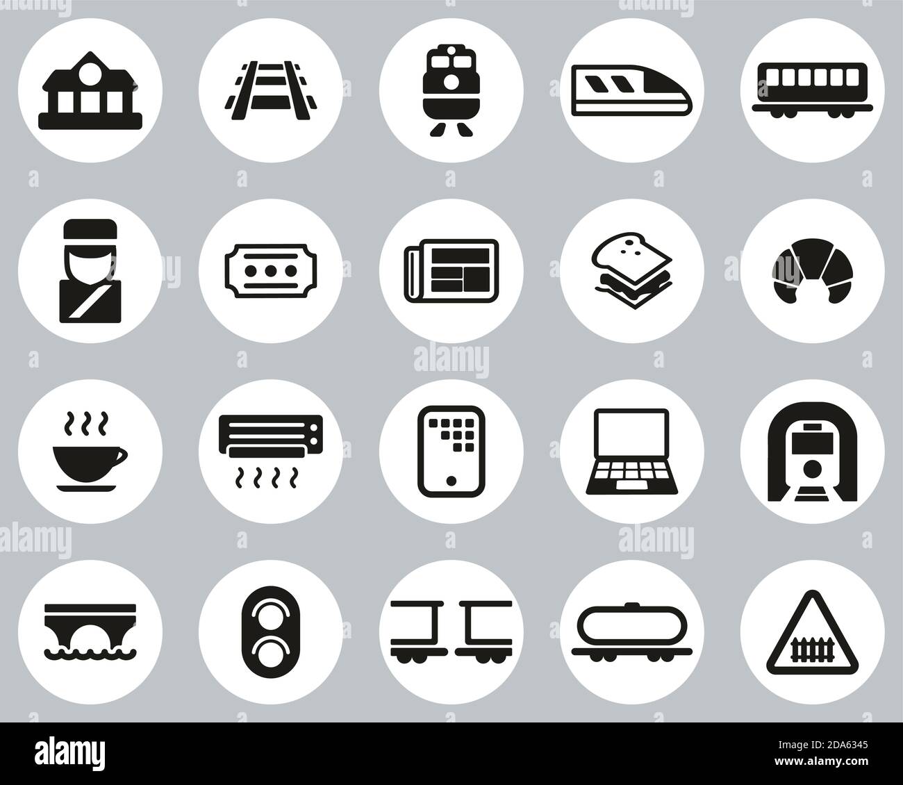 Railroad Travel & Cargo Transportation Icons Black & White Flat Design ...