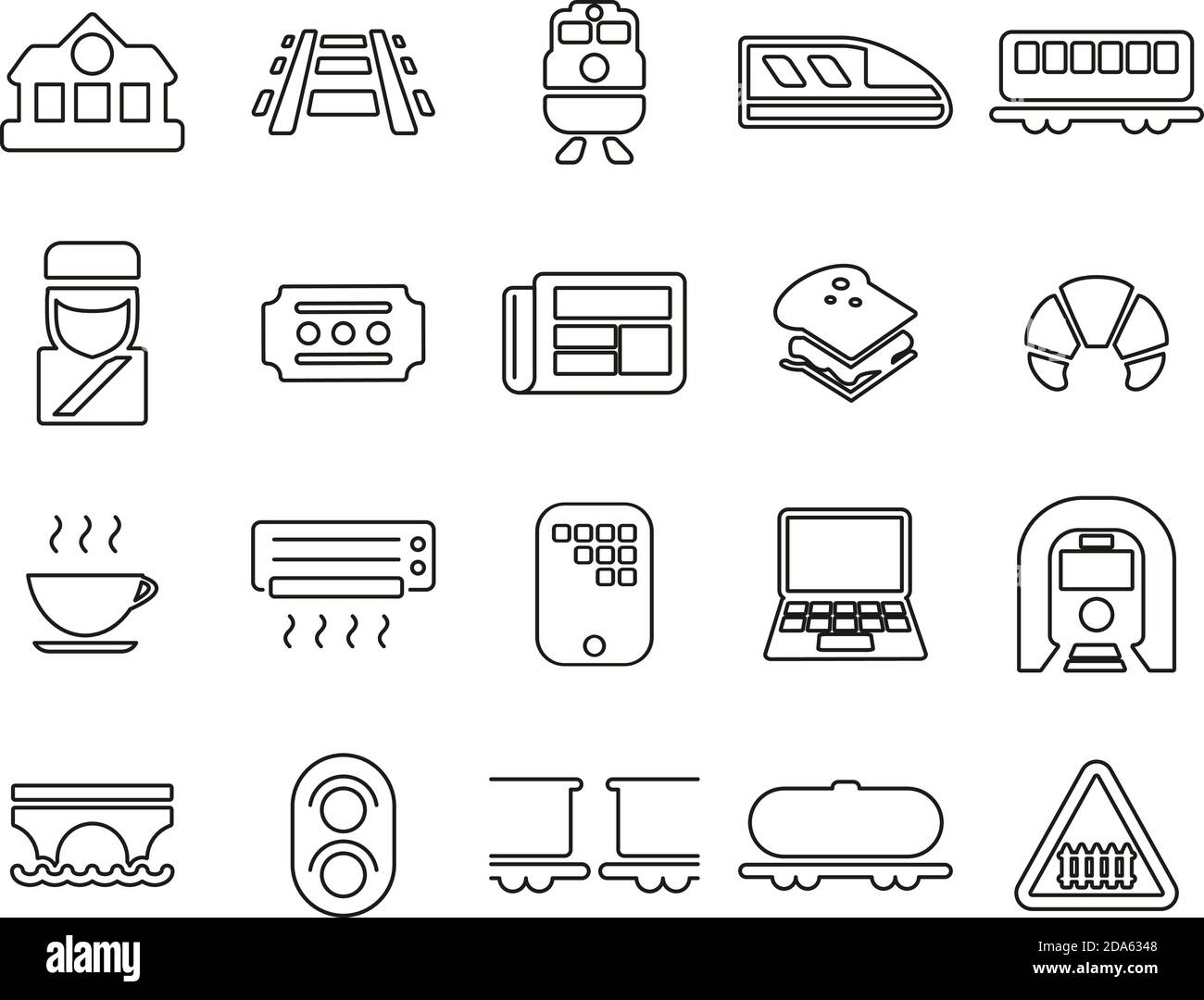 Railroad Travel & Cargo Transportation Icons Black & White Thin Line ...