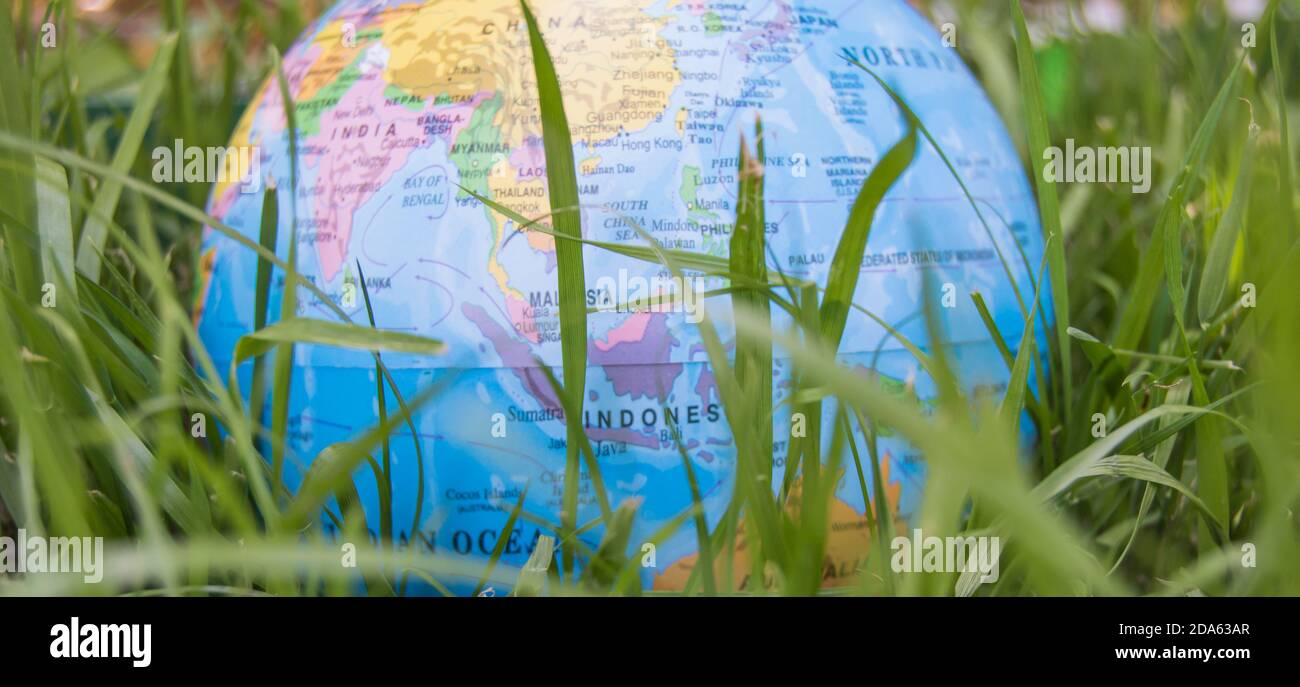 The globe model of the Earth in green grass showing ECO concept ...