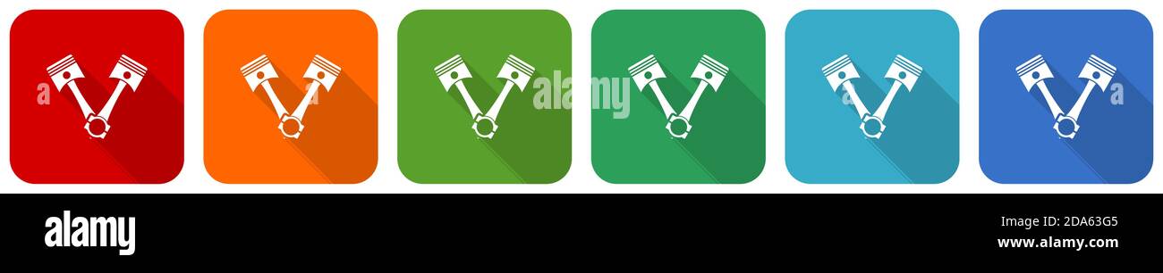 Pistons icon set, flat design vector illustration in 6 colors options ...