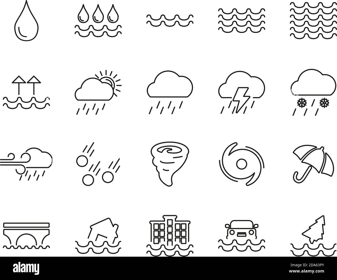 Rain & Flood Icons Black & White Thin Line Set Big Stock Vector Image ...