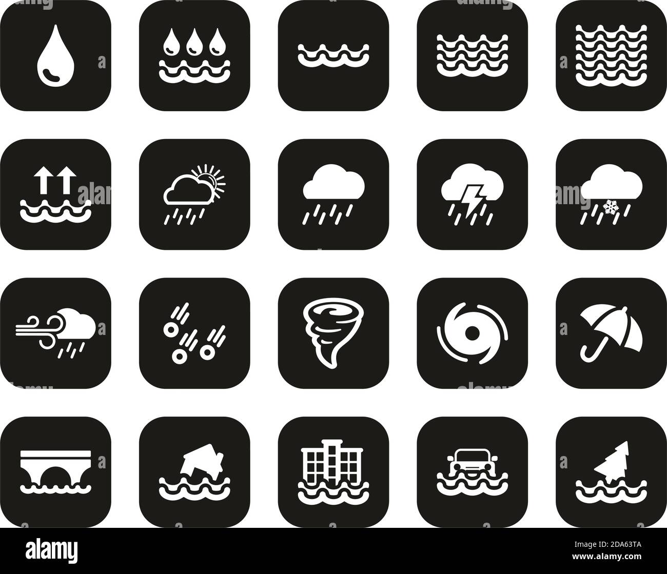 Rain & Flood Icons White On Black Flat Design Set Big Stock Vector ...