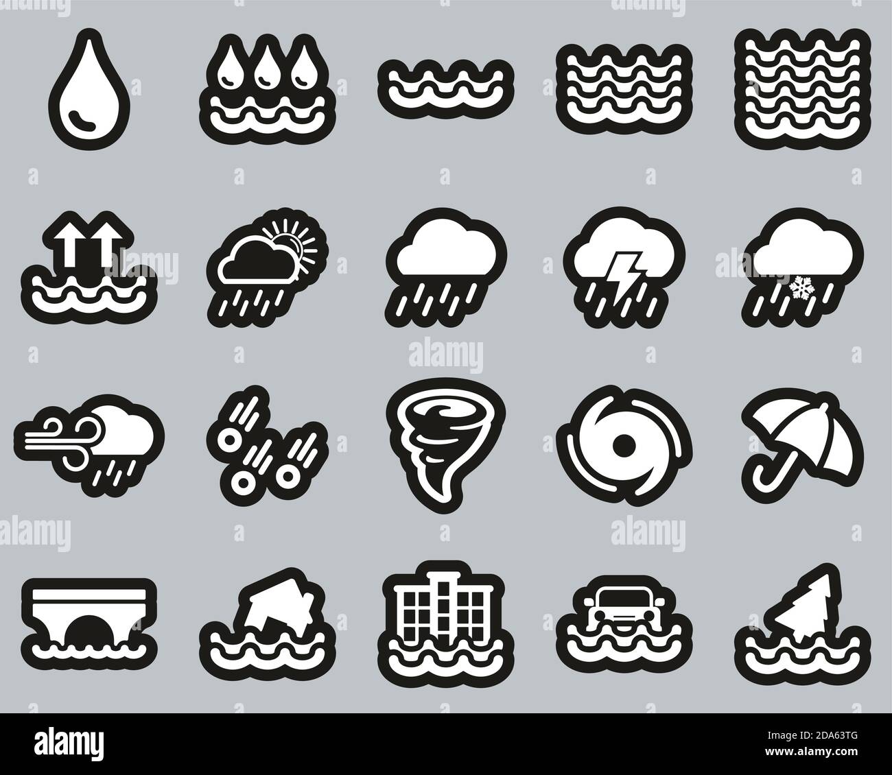 Rain & Flood Icons White On Black Sticker Set Big Stock Vector Image ...