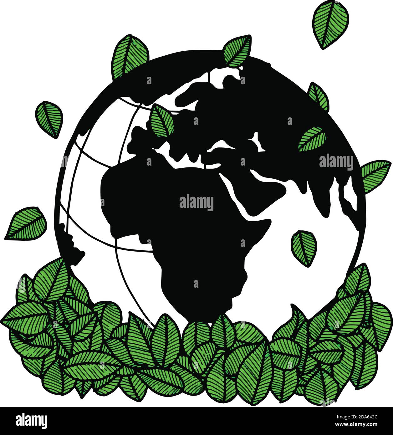 illustration vector doodle hand drawn earth and green leaves, ecology ...