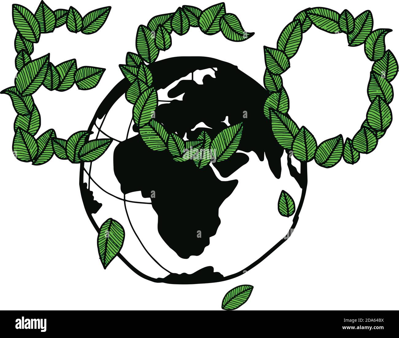 illustration vector doodle hand drawn green earth and green leaves ...