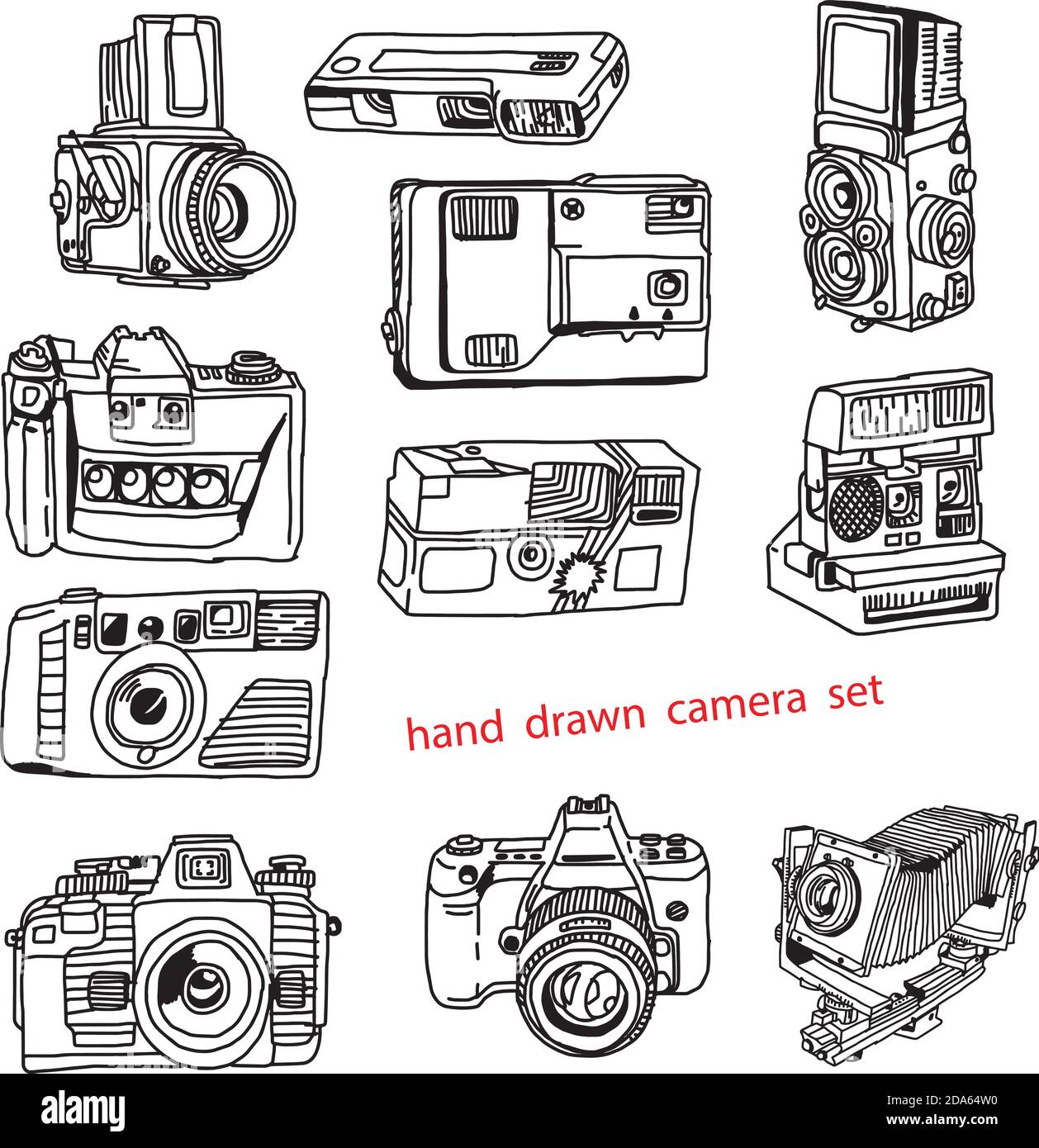 illustration vector hand drawn doodles of many kinds of photo camera ...