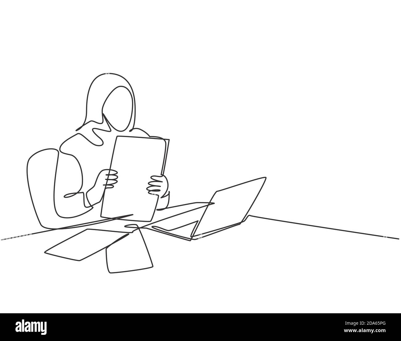 Single continuous line drawing of young muslim woman prepare business ...