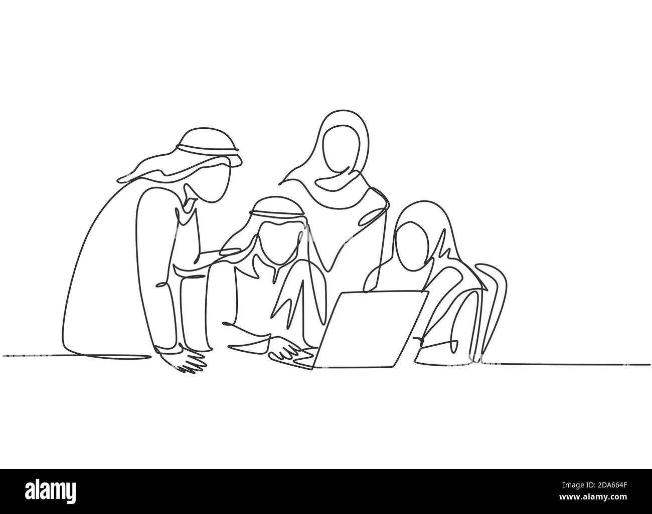 One single line drawing of young muslim business community discussing ...