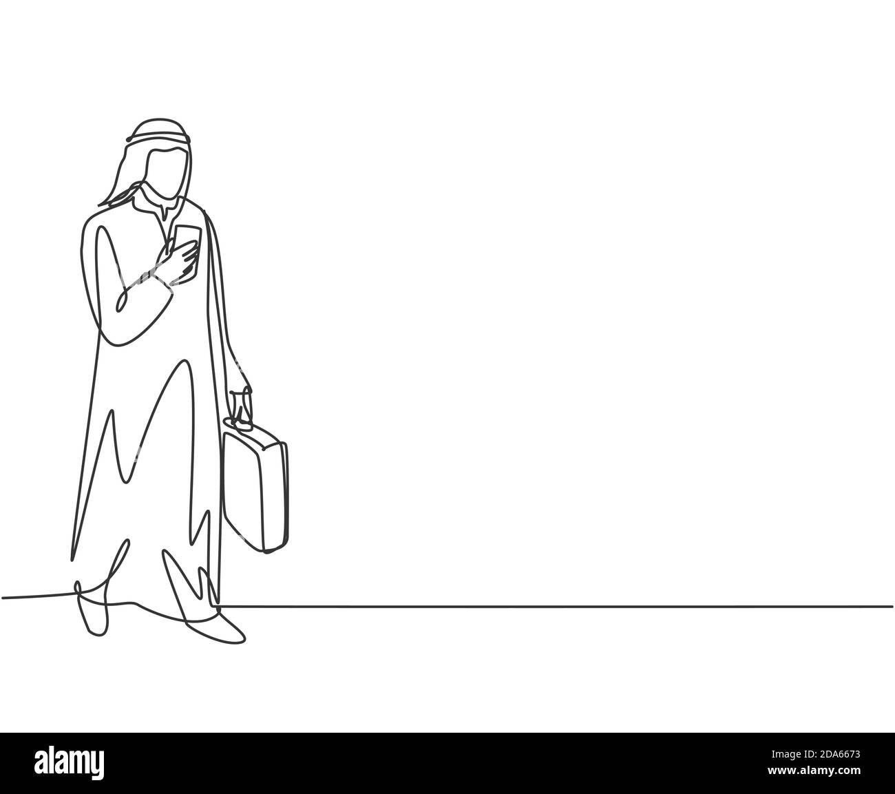 Single continuous line drawing of young male muslim worker watching ...