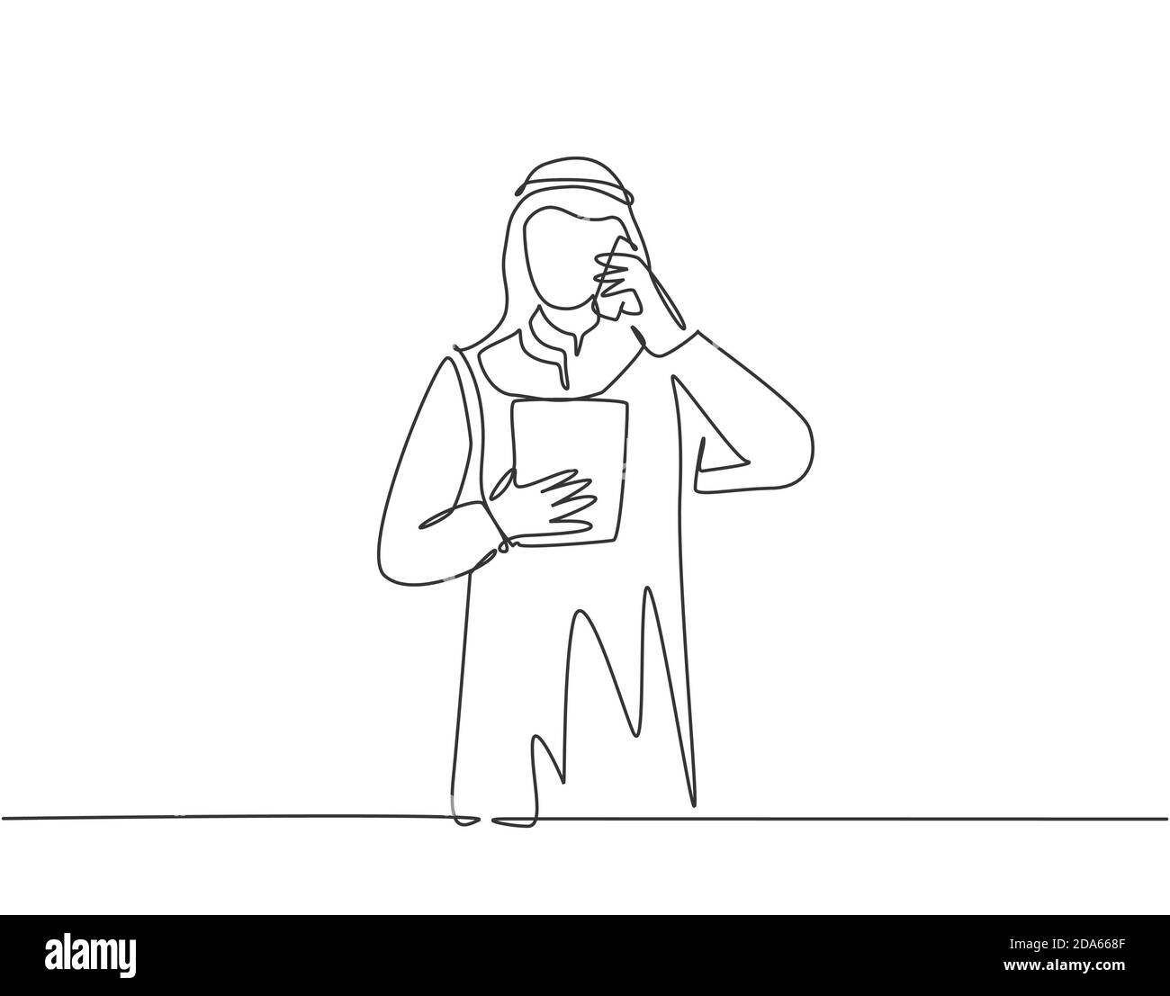 Single continuous line drawing of young male muslim supervisor calling ...
