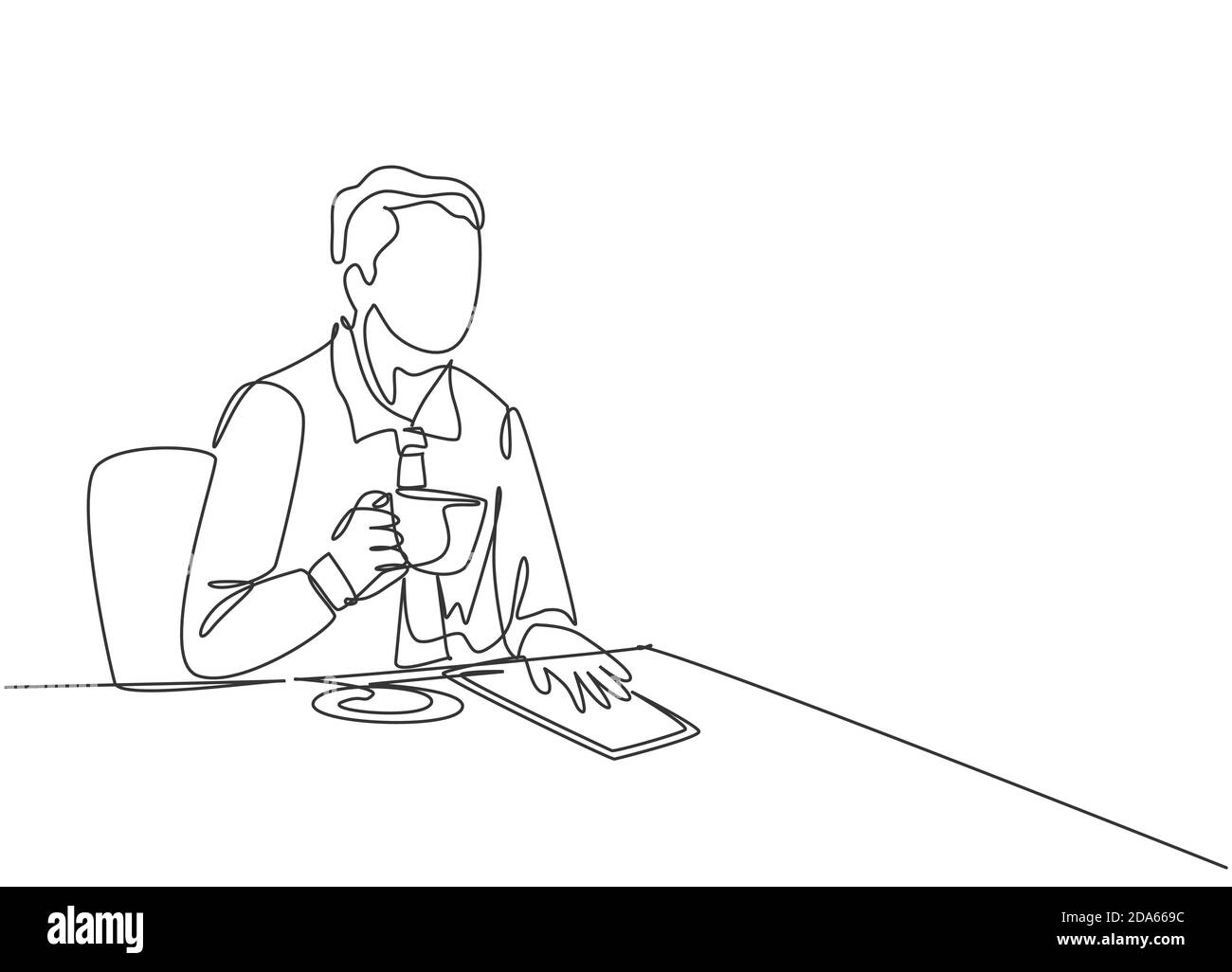 One continuous line drawing of young happy manager thinking about ...