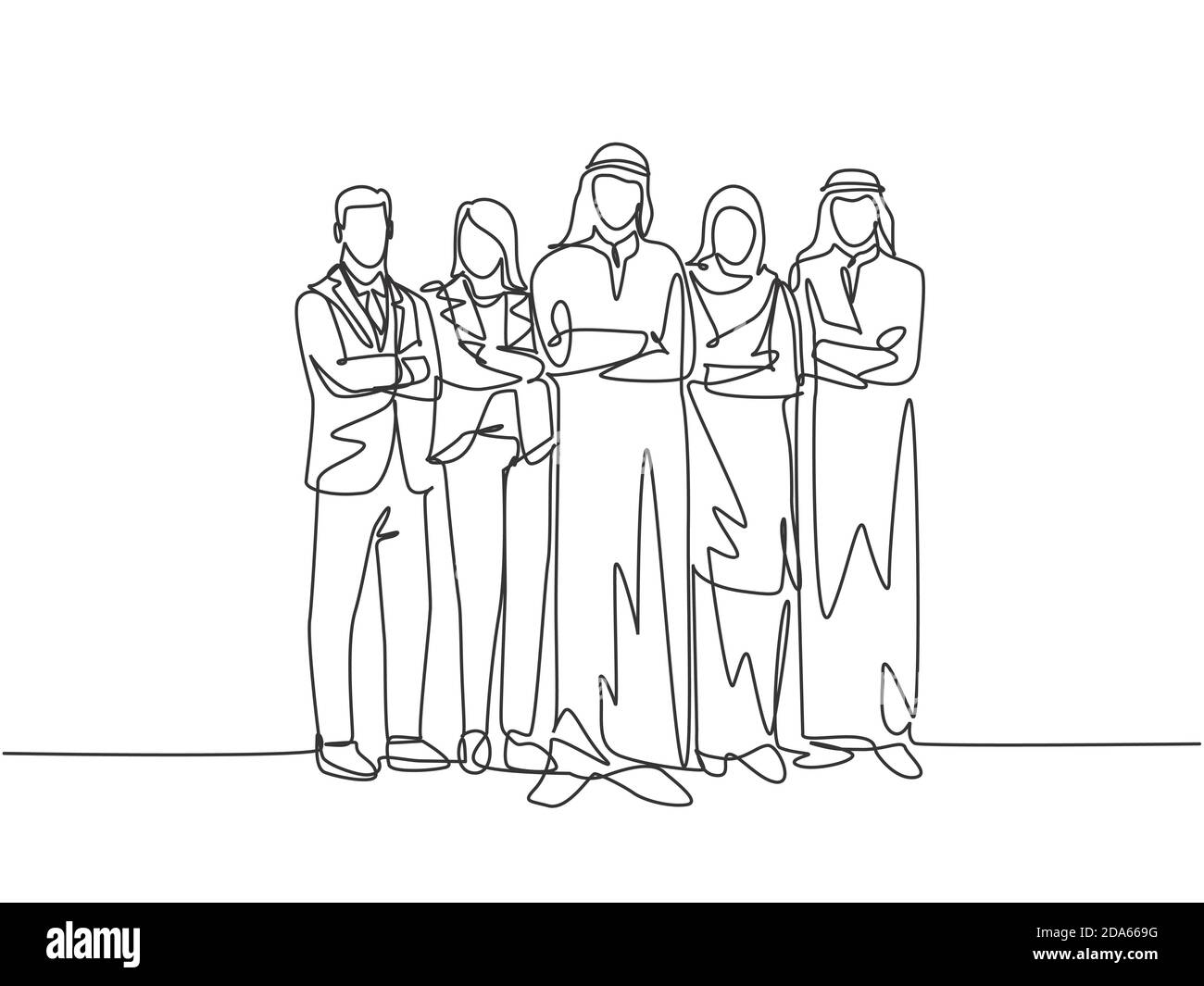 Single continuous line drawing of young male and female muslim staff ...