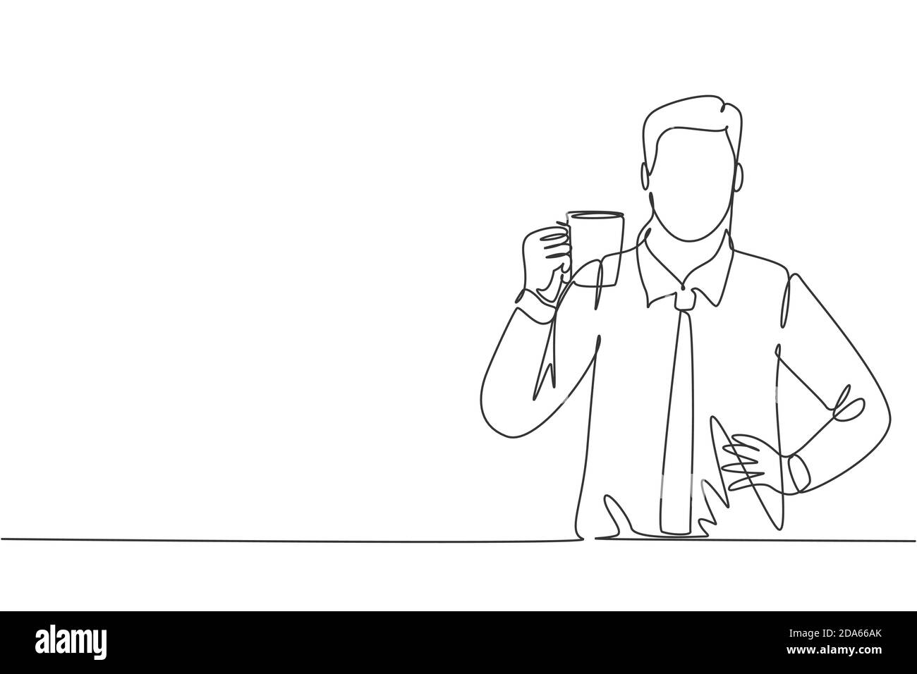 Single continuous line drawing of young happy office employee holding a ...