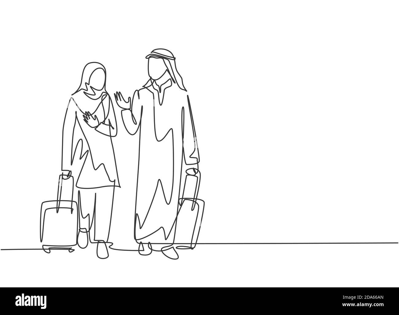 Single continuous line drawing of young male and female muslim managers ...