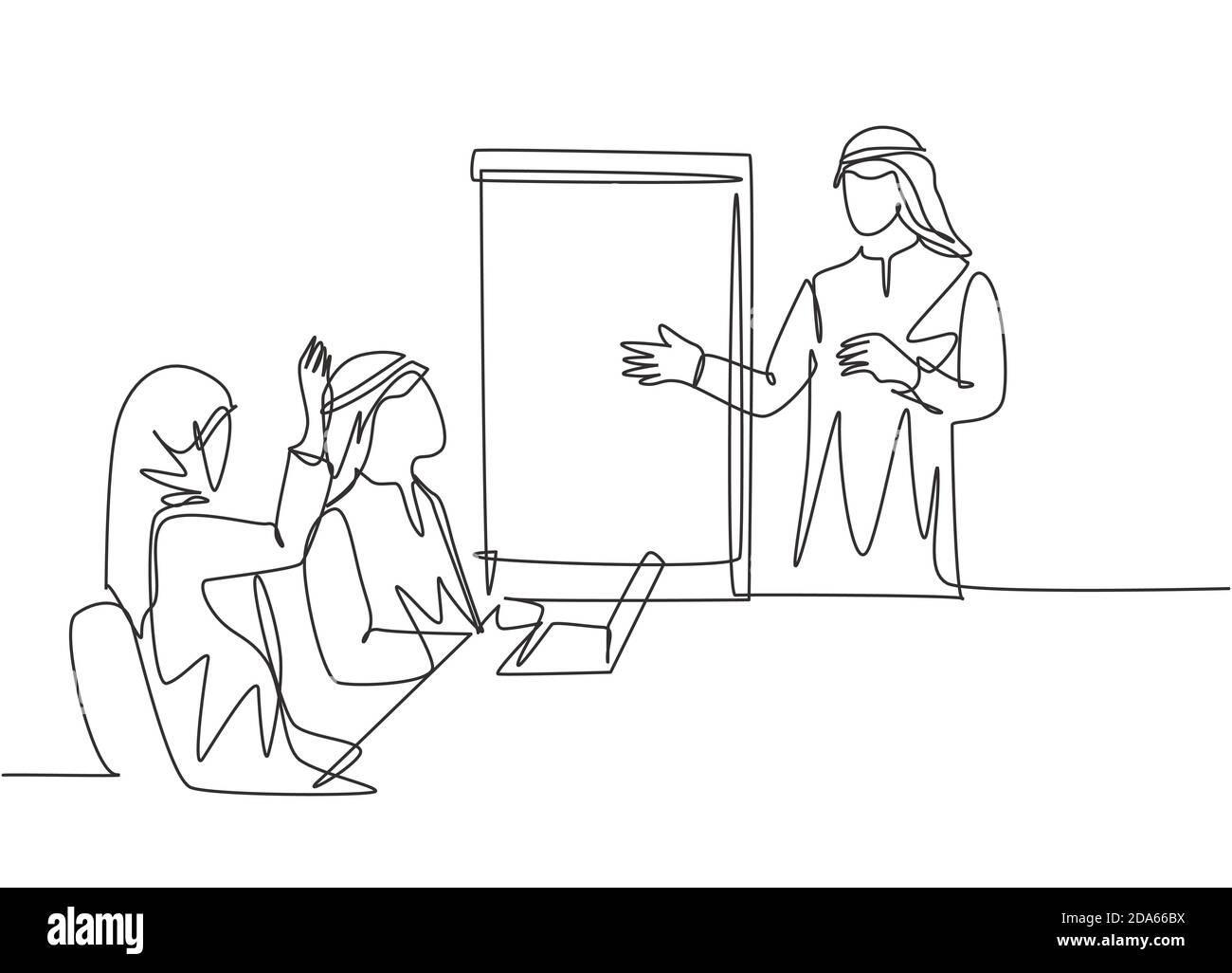 Single continuous line drawing of young male and female muslim ...