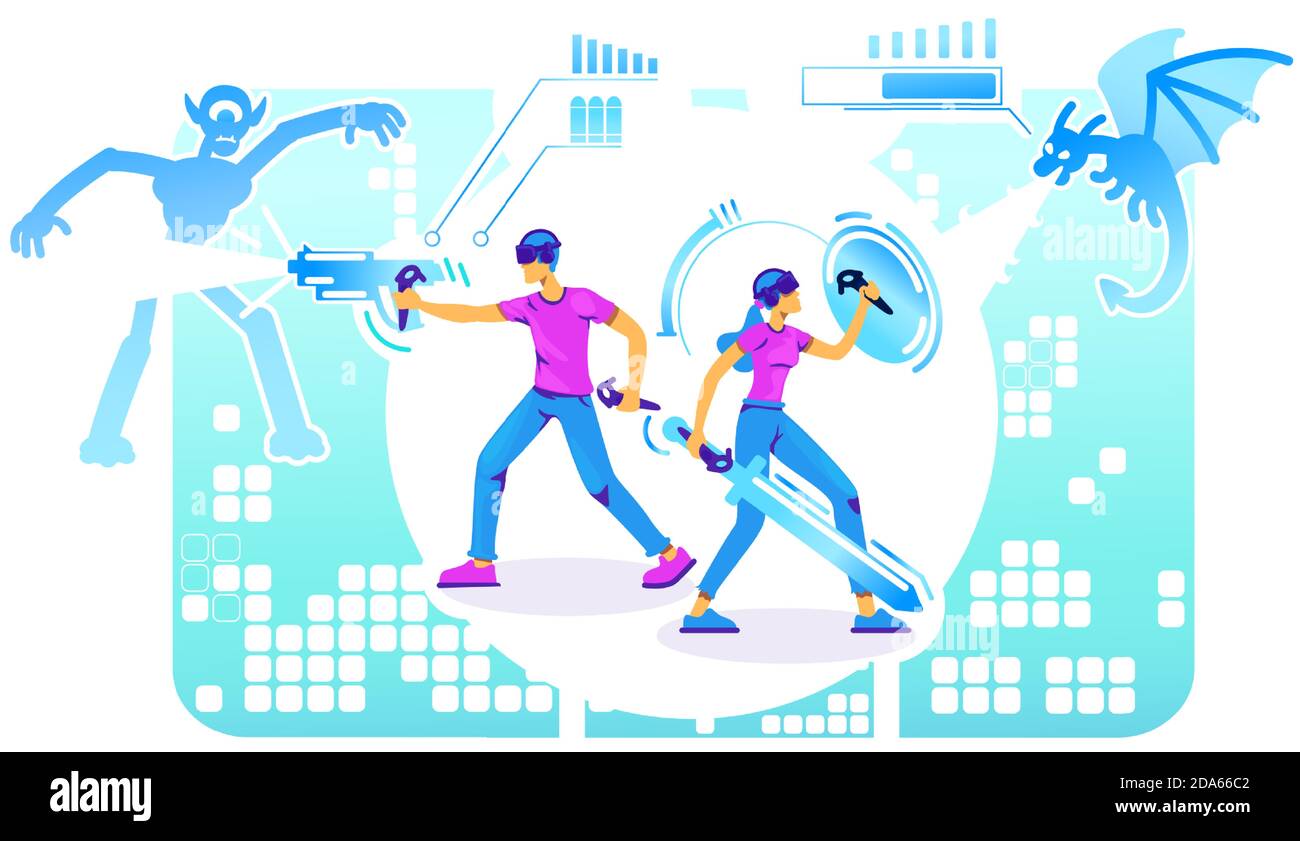 People in fighter simulator 2D vector web banner, poster Stock Vector ...