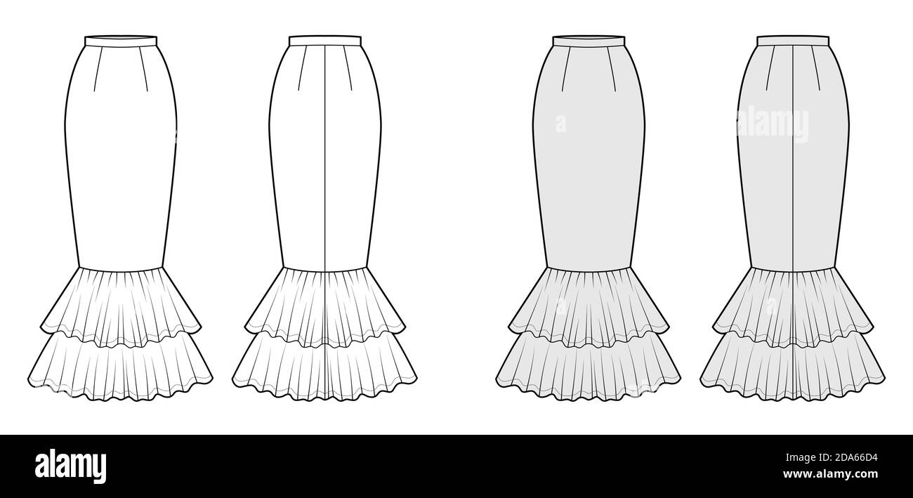 Skirt mermaid fishtail maxi technical fashion illustration with floor ...