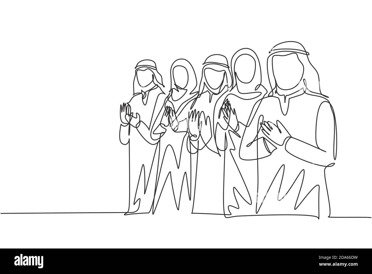 One continuous line drawing of young male and female muslim business ...