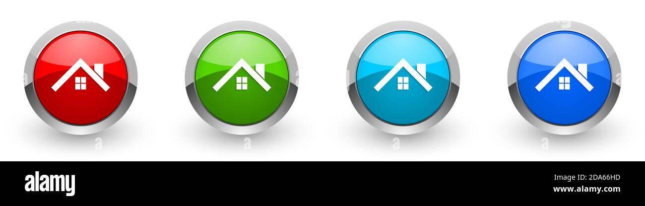 House, roof and window silver metallic glossy icons, set of modern ...