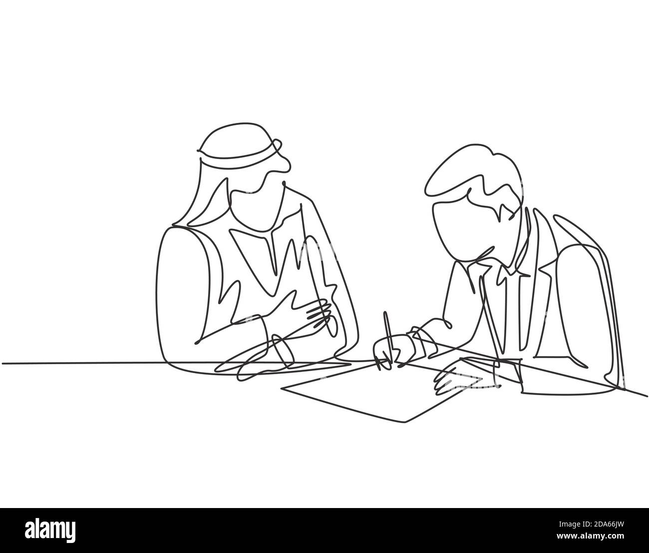 Single continuous line drawing of young muslim sign a business deal ...