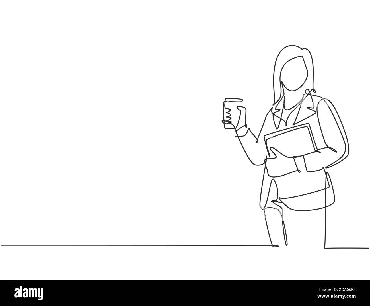 Single continuous line drawing of young female worker walking to go to ...