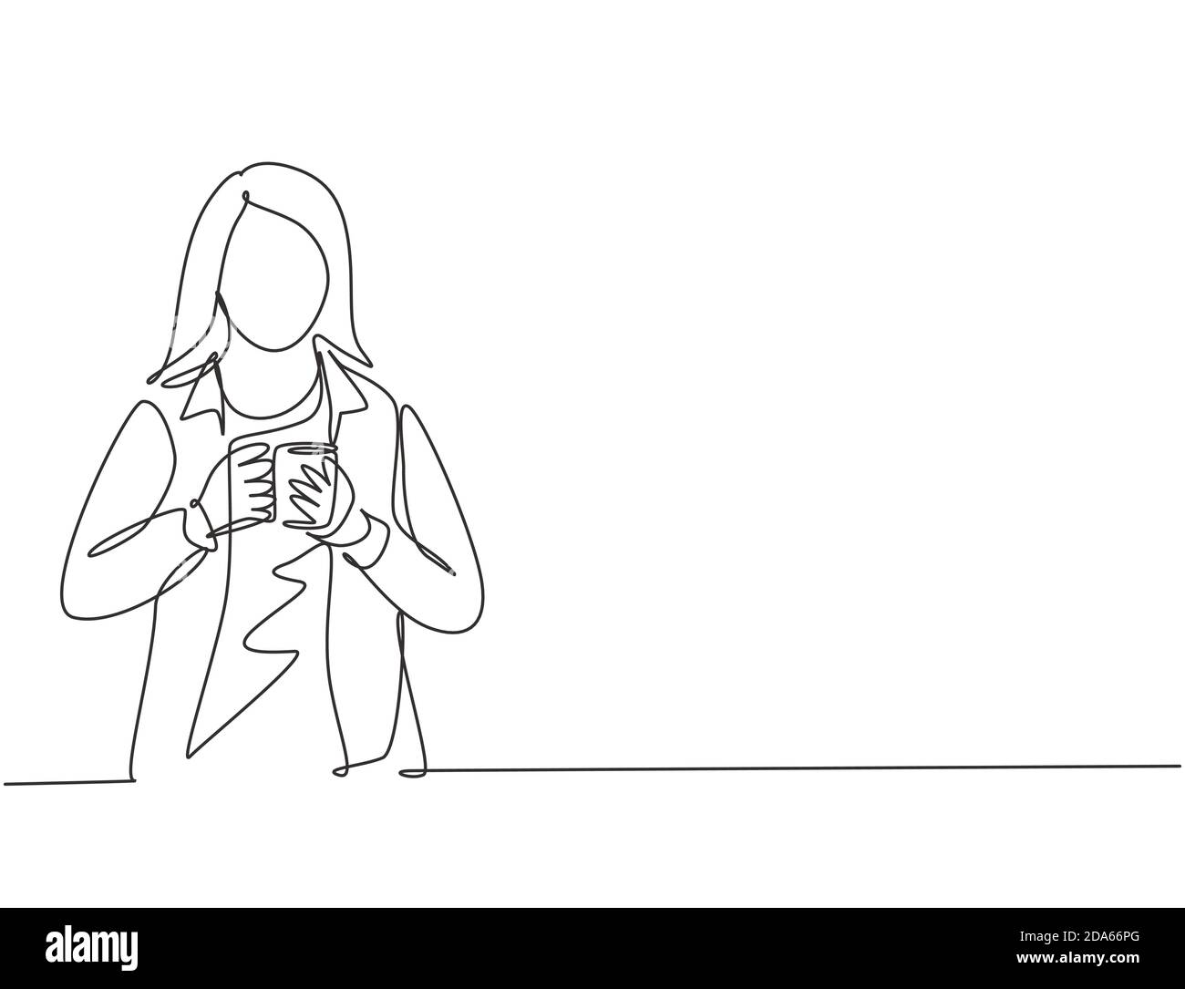 One continuous line drawing of young female employee thinking solution ...