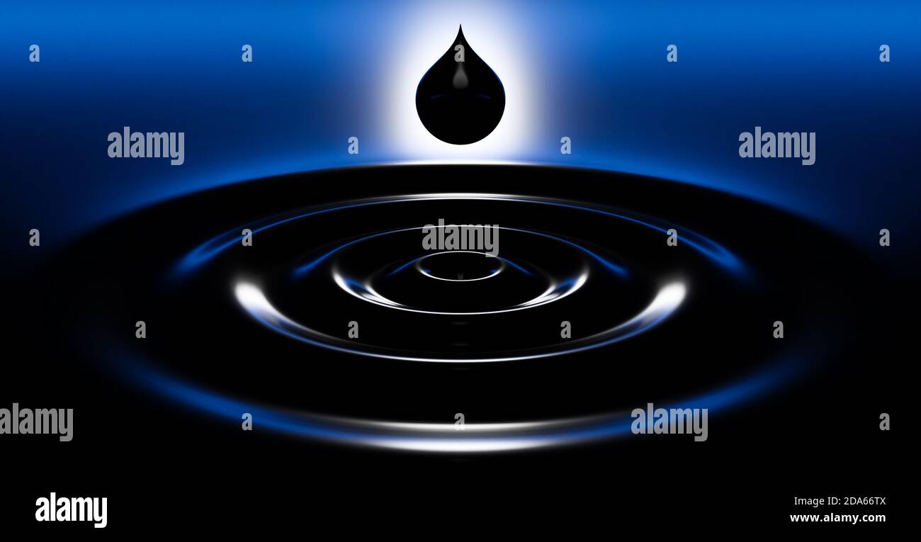 3D illustration a black petroleum drop of oil falls into a large ...