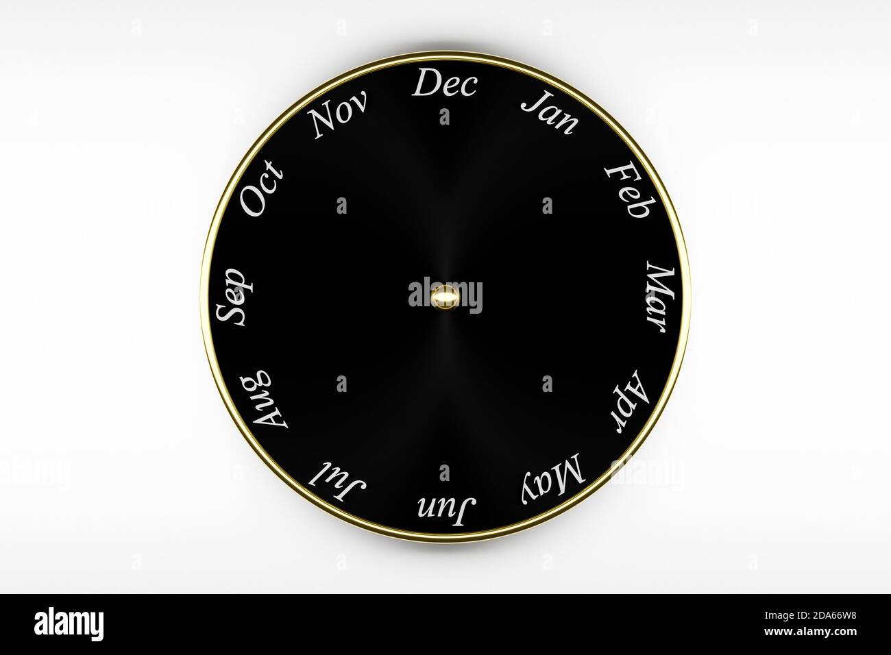 3D illustration black round clock calendar with 12 months on white ...