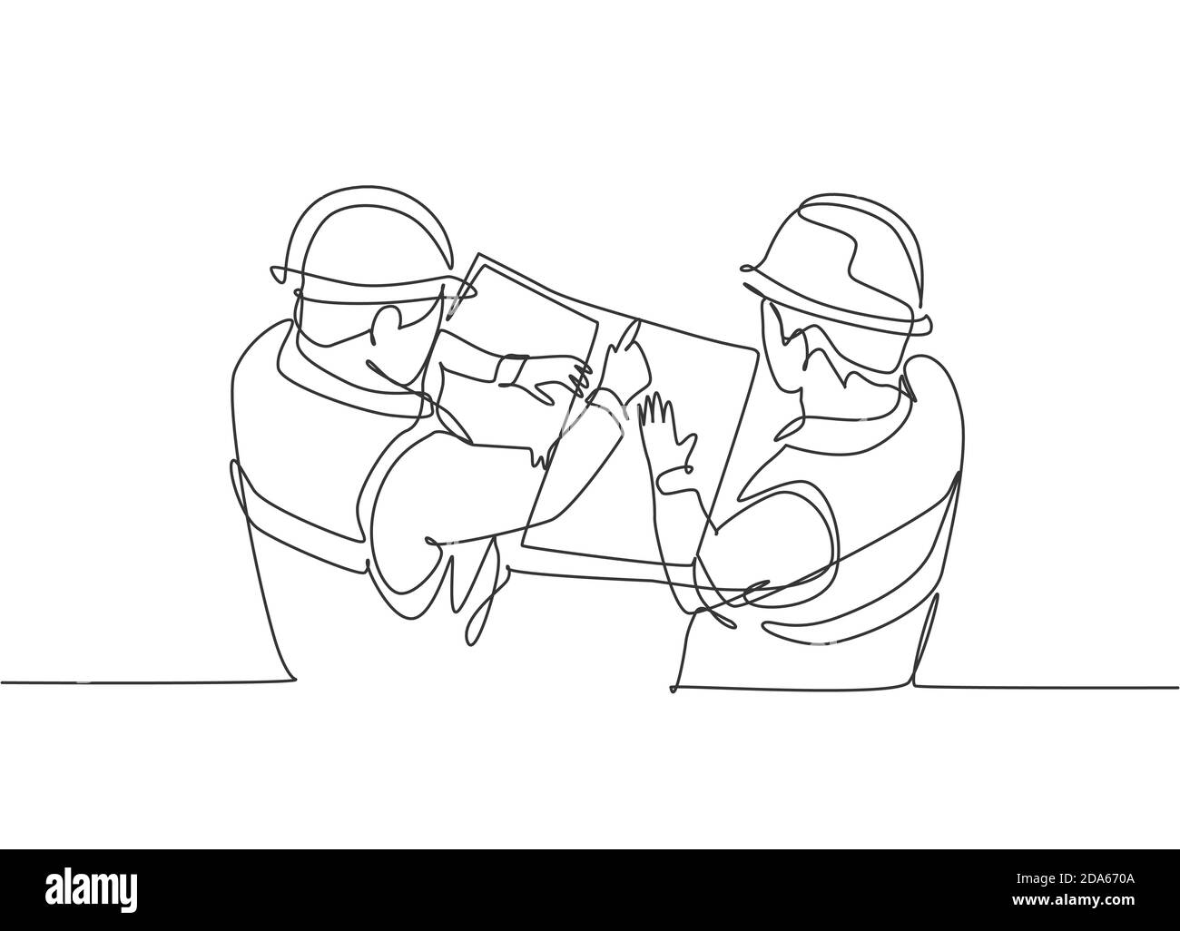 One continuous line drawing of young architect meeting at construction ...
