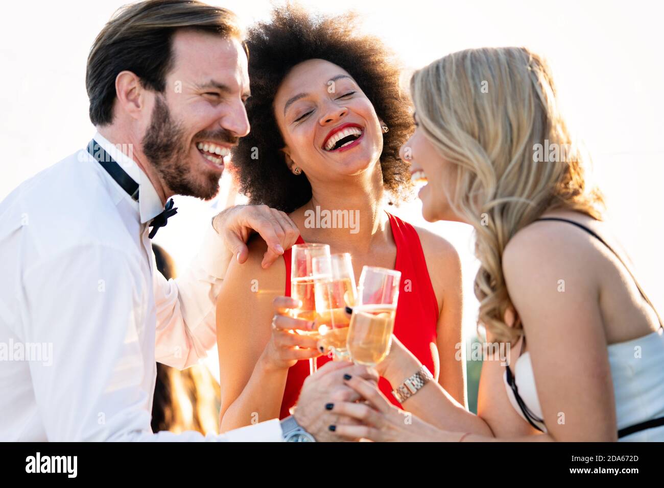 Group of friends having fun and celebrating group gathering outdoor ...