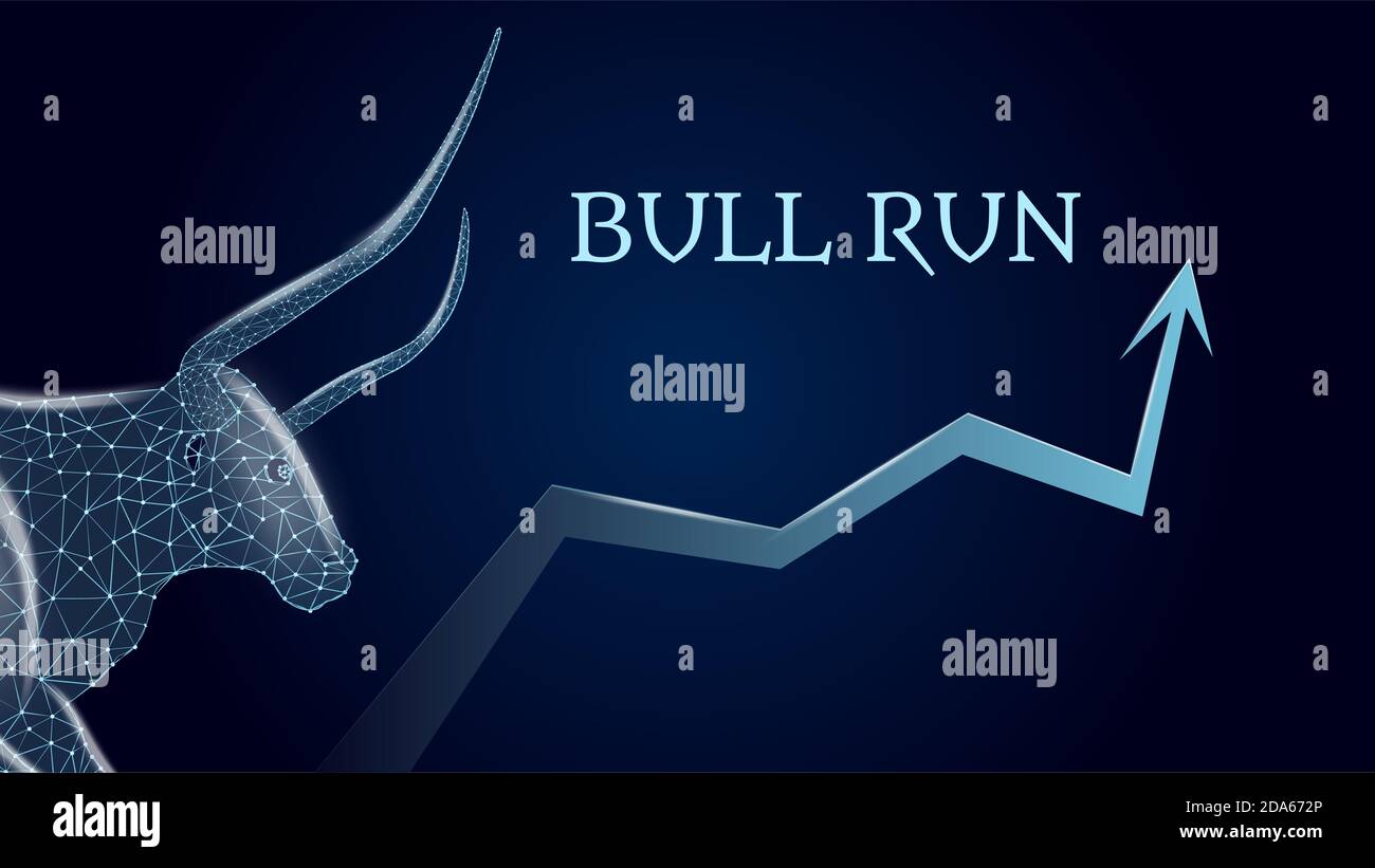 Bull run with a polygonal bull head and an upward arrow on dark blue ...