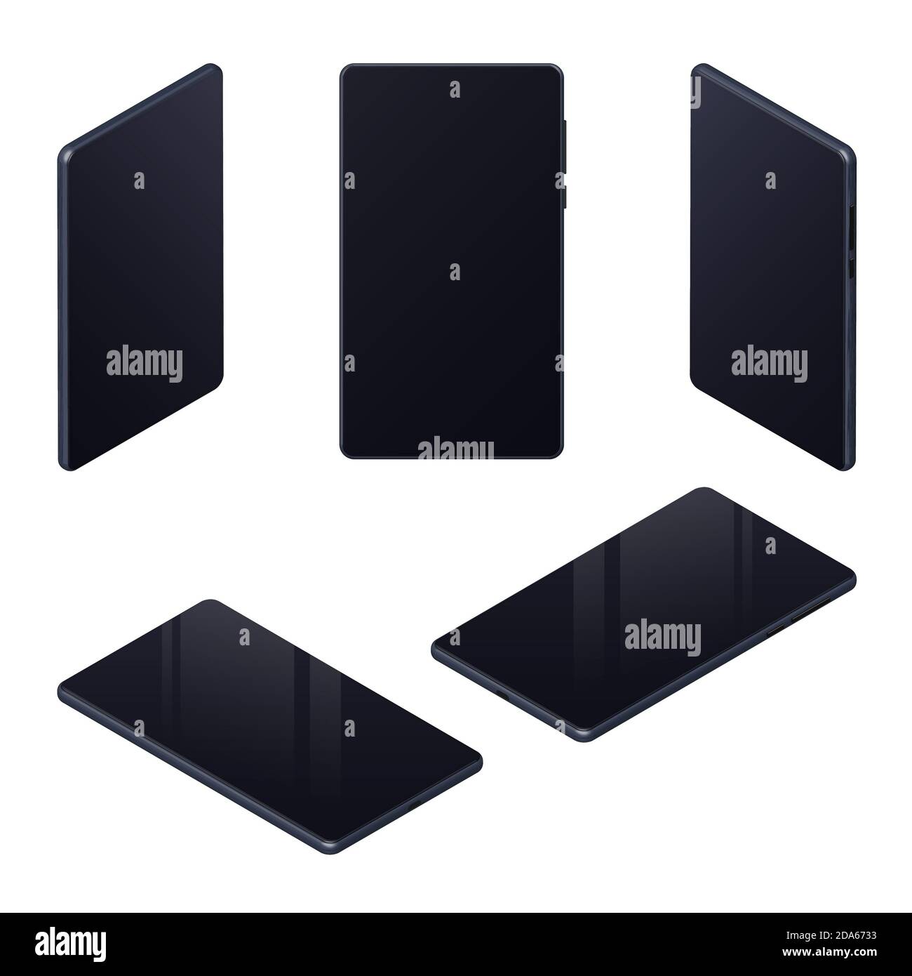 Set of isometric realistic mobile phones with black blank screen for ...