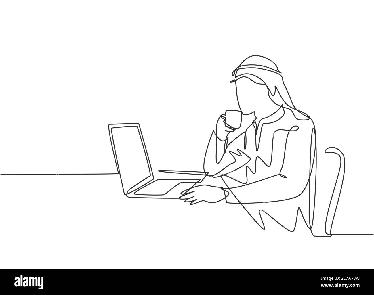 One continuous line drawing of young muslim marketing manager reading ...