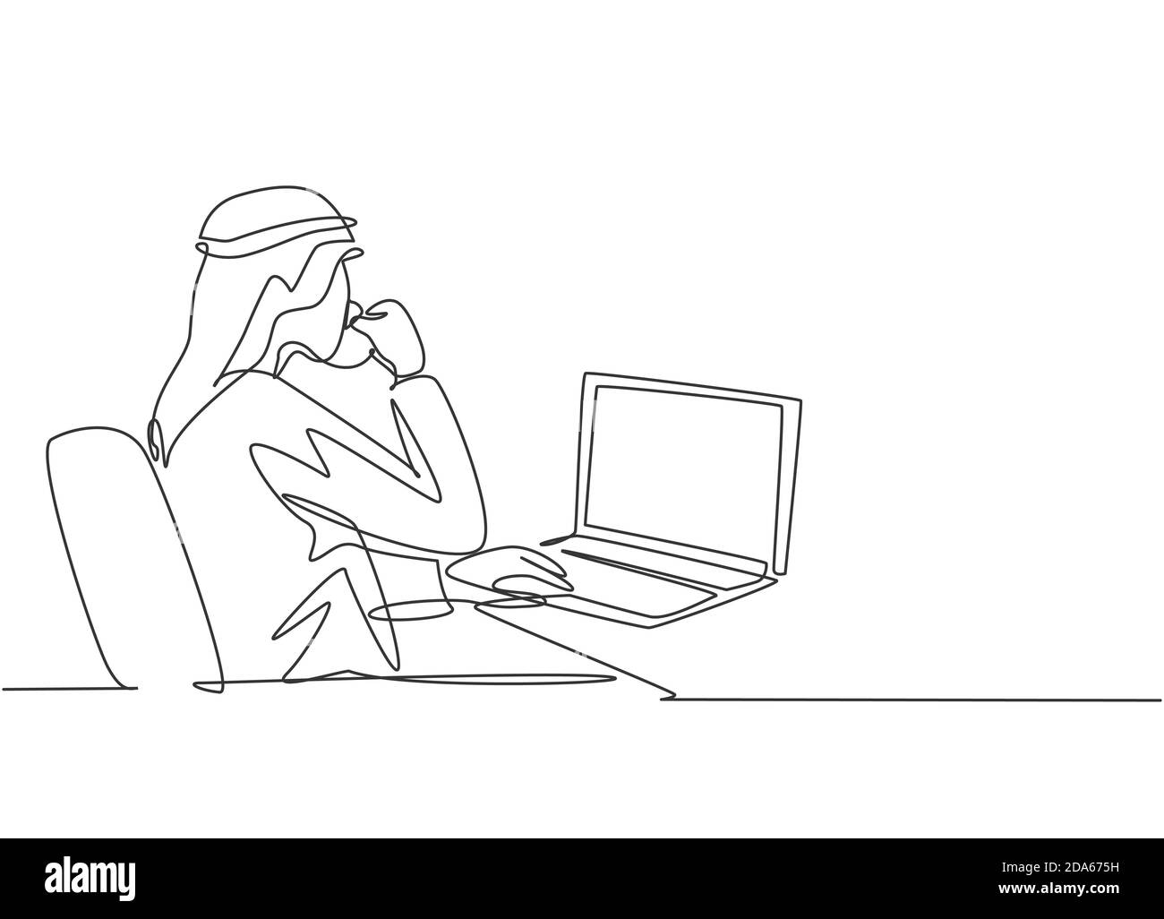 Single continuous line drawing of young muslim businessmen typing ...