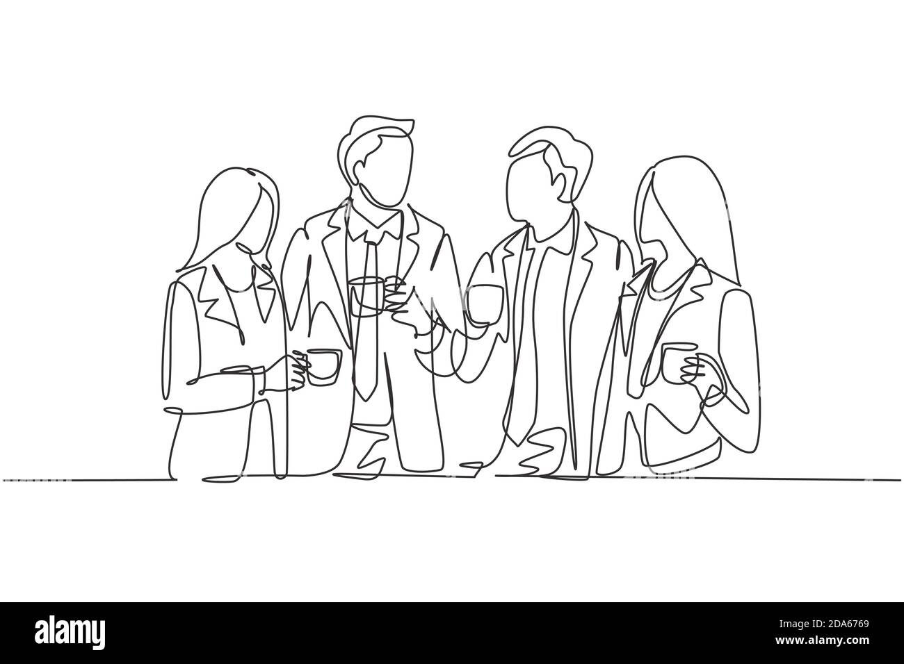 One single line drawing of young male and female office employees ...