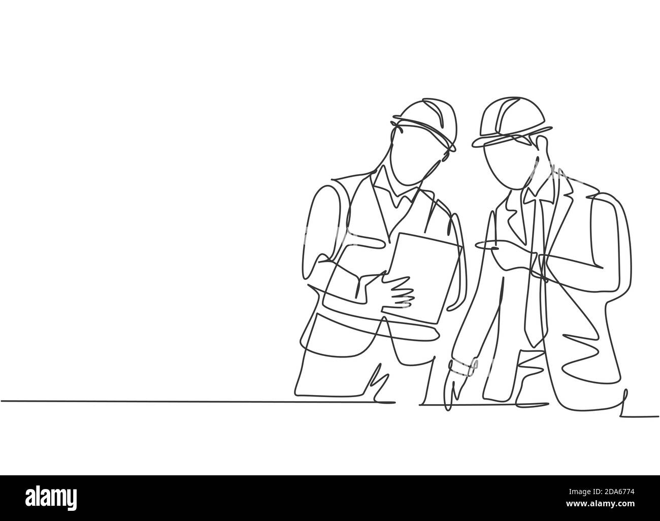 One single line drawing of young construction manager giving ...