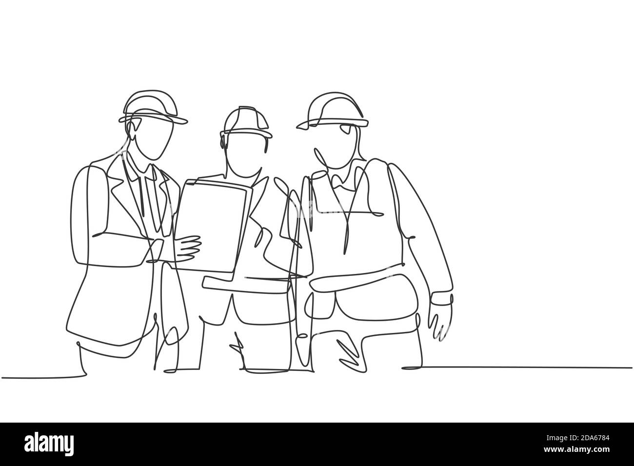 One continuous line drawing of young managers explaining short brief ...