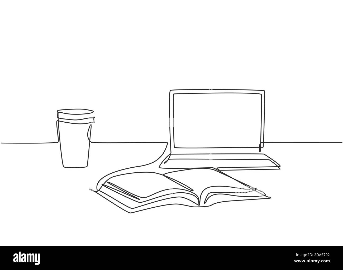 Single continuous line drawing of computer laptop, paper cup of coffee ...