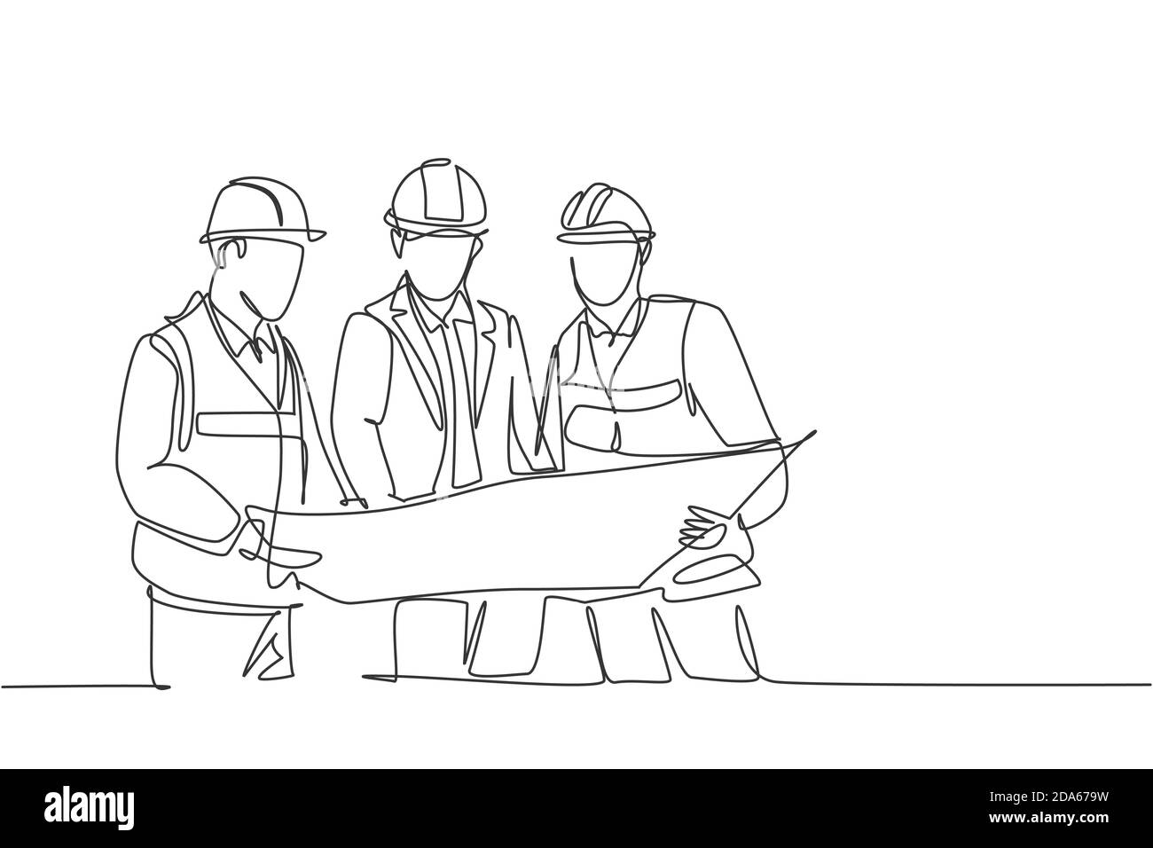 One continuous line drawing young construction coordinator discussing ...