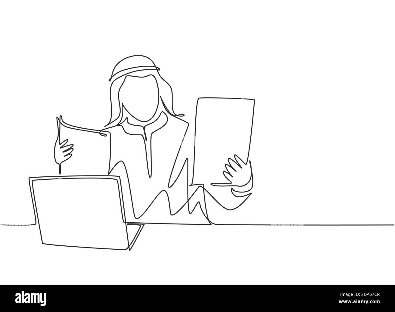 Single continuous line drawing of young male muslim businessman reading ...