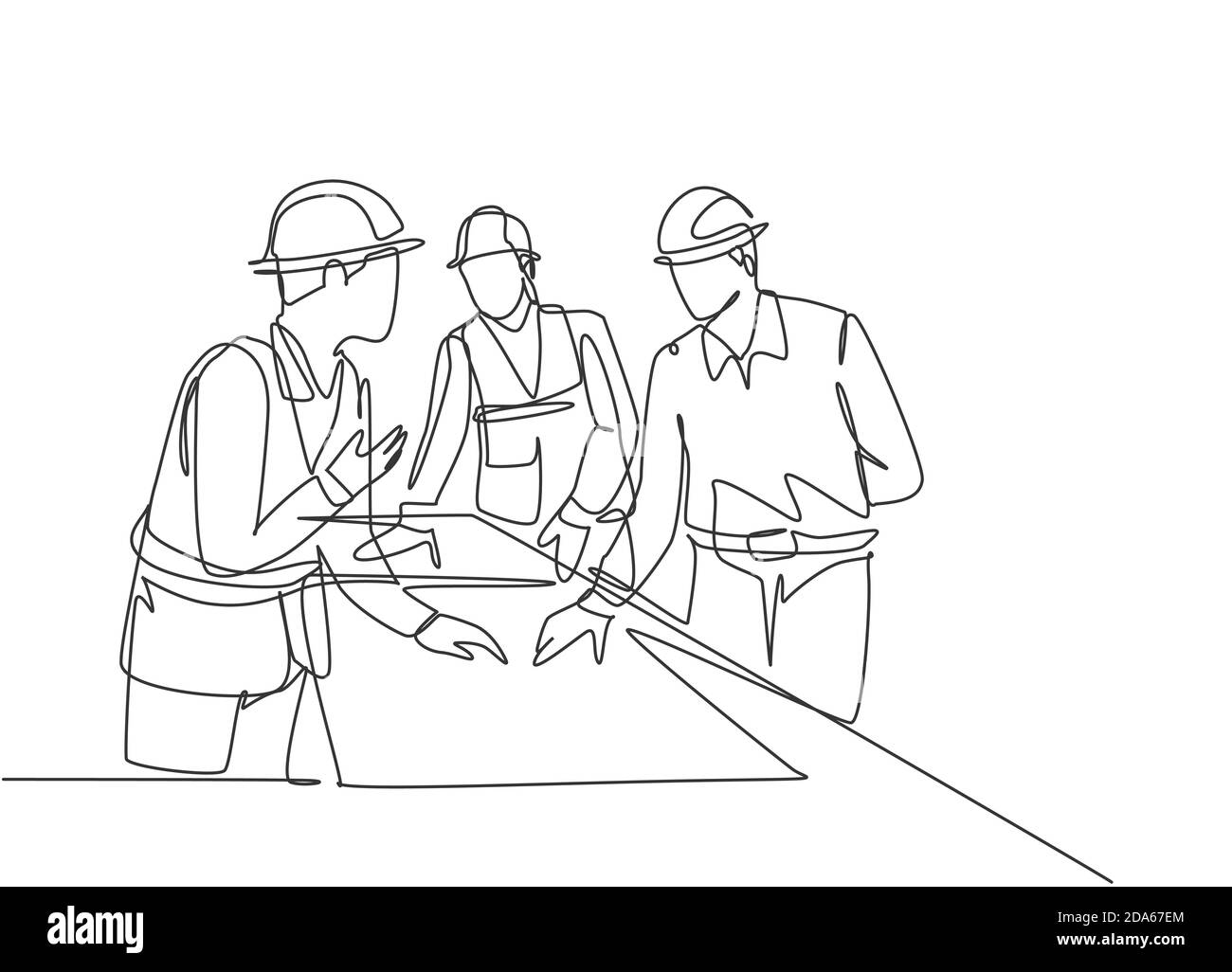 One continuous line drawing of young architects discussing construction ...